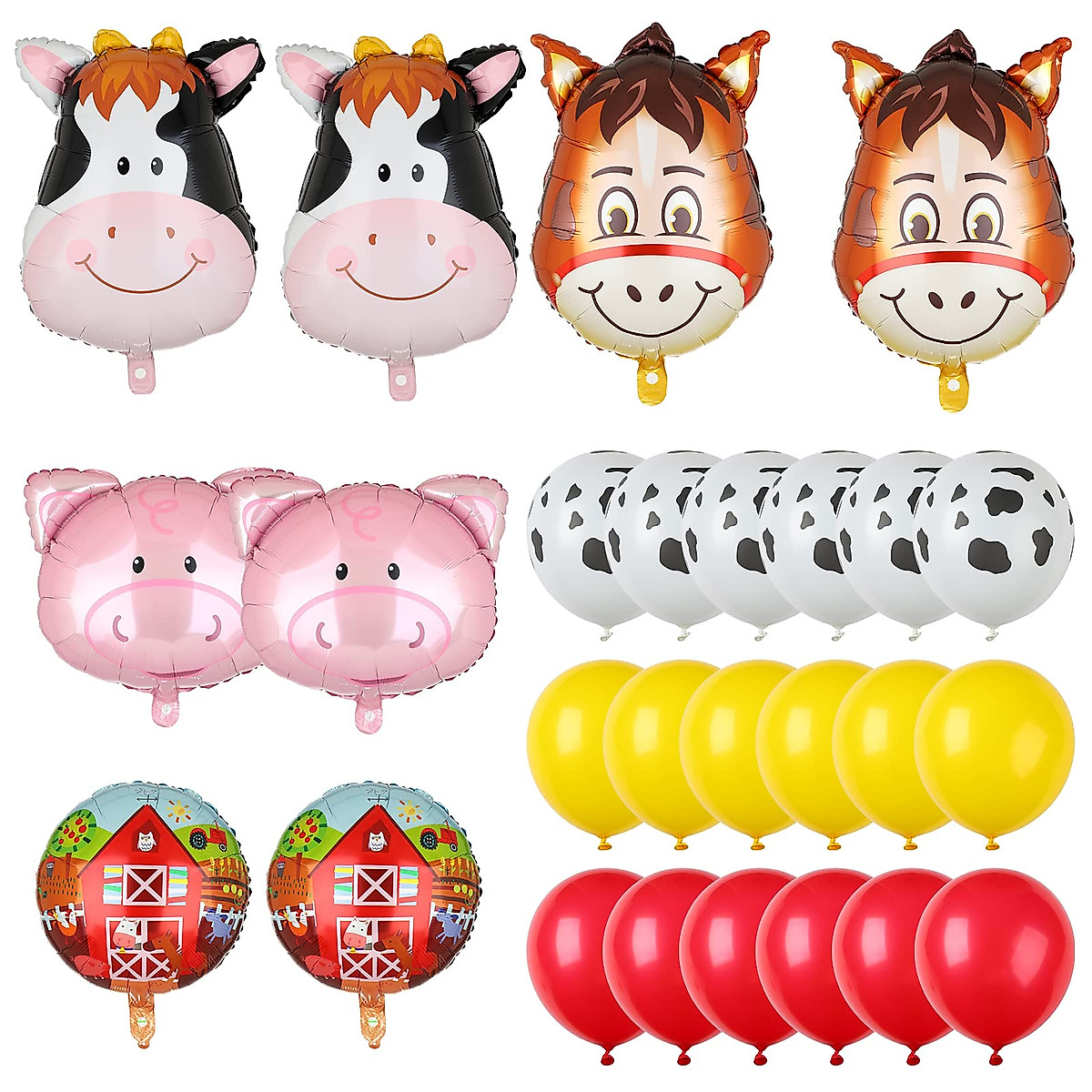 Farm Animal Balloons Set Pig Cow Horse Donkey Head Shaped Mylar Foil Cow Print Latex Balloon for Barnyard Farm Theme Birthday Party Supplies Decorations