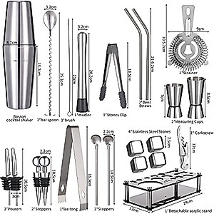 Cocktail Shaker Set Bartender Kit, 23 PCS Boston Shaker Tool Set with Stand, Drink Mixer Martini Shaker Bartending Kit, Bar Tools Bartender Tool Kit, mobzio Bar Accessories for The Home Bar Set