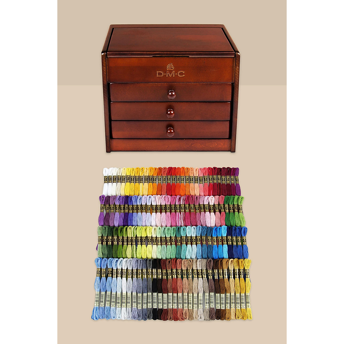 DMC Petite Decorative Wooden Chest With 120 Skeins of Embroidery Thread Essentials Assortment Pack