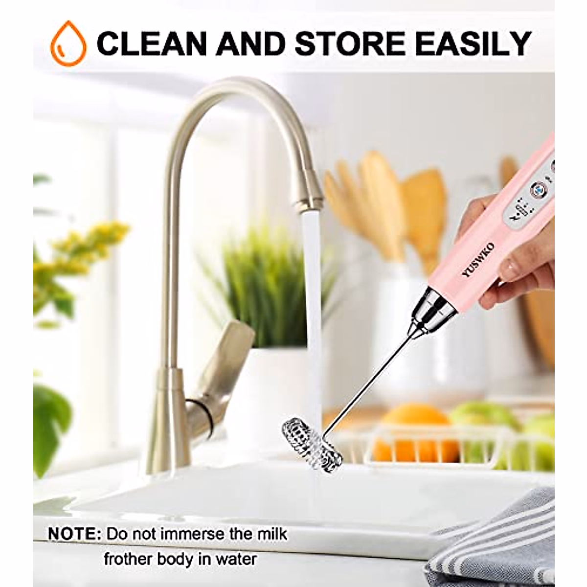 YUSWKO Milk Frother Handheld with 3 Heads, Coffee Whisk Drink Foam Mixer with USB Rechargeable 3 Speeds, Electric Hand Frother for Latte, Cappuccino, Hot Chocolate, Egg - Pink