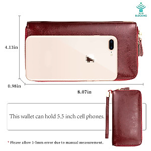 ORIREAL Wallets for Women RFID Blocking Leather Clutch Purse Zip Around Card Holder (Red), 8.07L x 4.13W x 0.98T