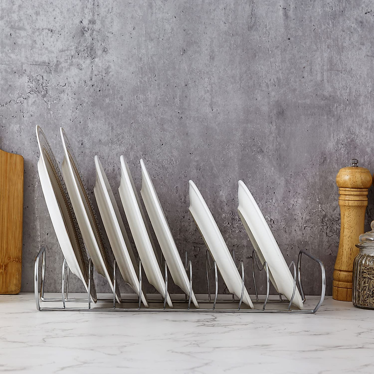 MyGift Chrome Plated Silver Metal Dinner Plate Storage Rack Organizer and Drying Rack, Holds up to 21 Dinner, Salad, and Dessert Round Plates - Made in Taiwan