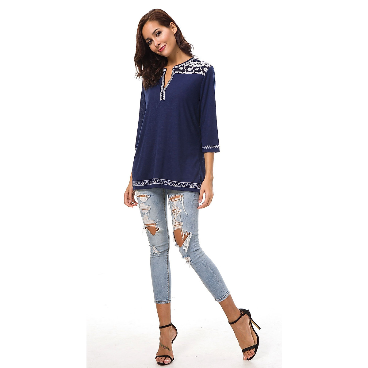 Women's Summer Tops Boho V-Neck Embroidery Short Sleeve Blouses for Women Fashion Navy Blue