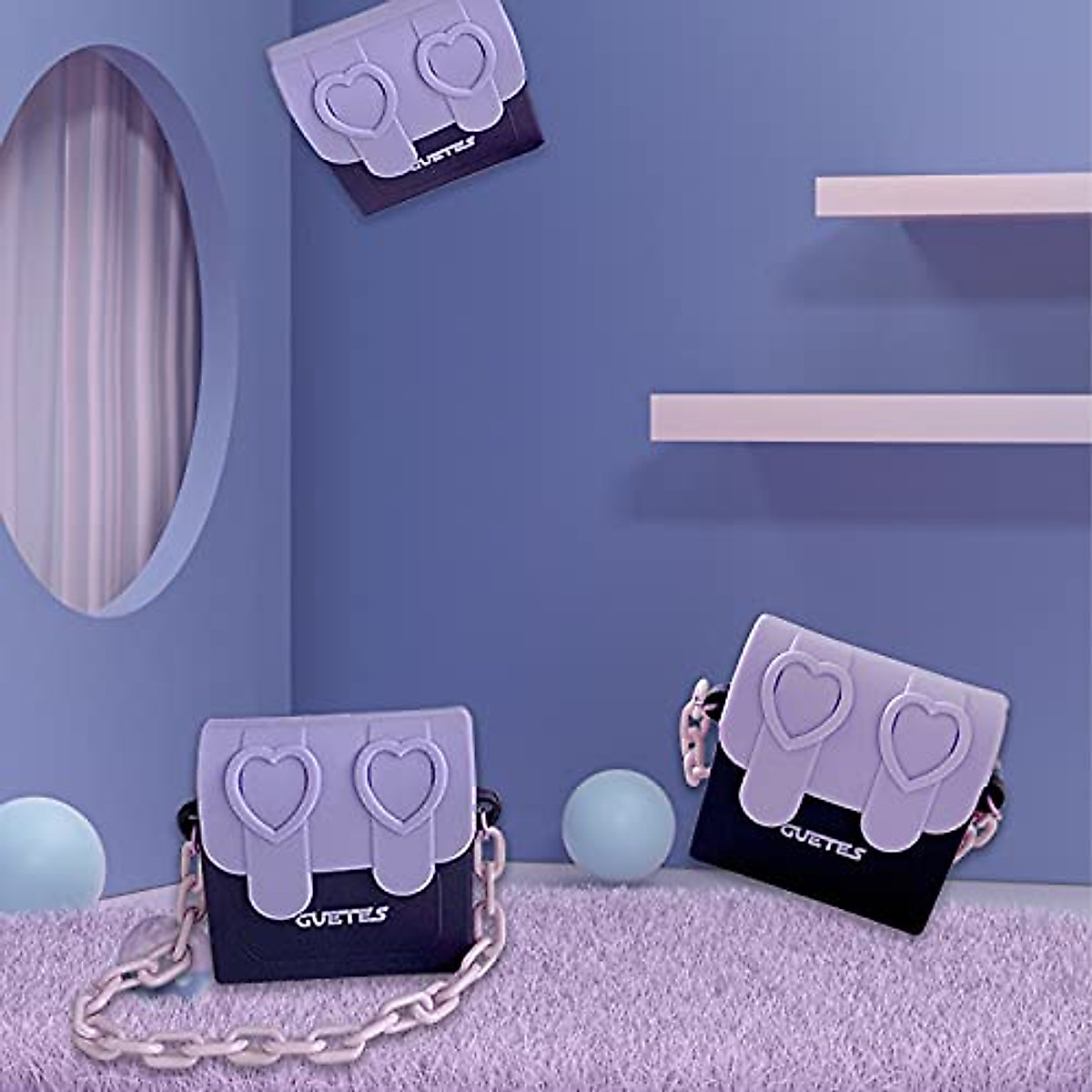 NC Airpod Pro Case Cute for Women, Funny Chain Bag 3D Silicone Case, Protective Accessories CasesKeychainPompomStrap, Compatible with Apple Airpods (2019) for Girl (Purple), 6x4x7cm