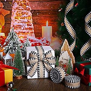 2 Rolls Christmas Buffalo Plaid Wired Edge Ribbons Christmas Tree Burlap Fabric Craft Ribbon Wrapping Ribbon with Checkered Edge, 216 Inch (Black and White,1.5 Inch Width)