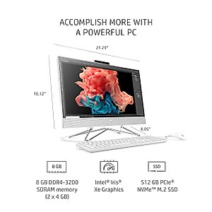 HP All-in-One Desktop PC, 11th Gen Intel Core i5-1135G7 Processor, 8 GB RAM, 512 GB SSD Storage, Full HD 23.8” Touchscreen, Windows 10 Home, Remote Work Ready, Mouse and Keyboard (24-df1270, 2021)