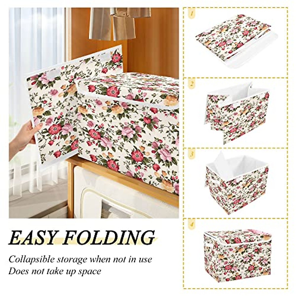 Floral Pattern Storage Basket 16.5x12.6x11.8 In Collapsible Fabric Storage Cubes Organizer Large Storage Bin with Lids and Handles for Shelves Bedroom Closet Office