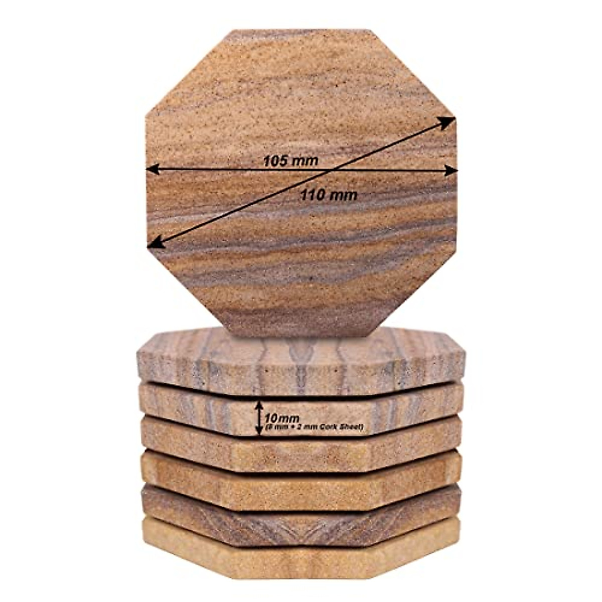 Marbco Sandstone Water Absorbent Hand Crafted Octagon Coasters for Drinks- Set of 6 - 4 inches Wide Thirsty Stone bar/Drink Coasters Made from Real Solid Stone (Without Holder, Set of 6)