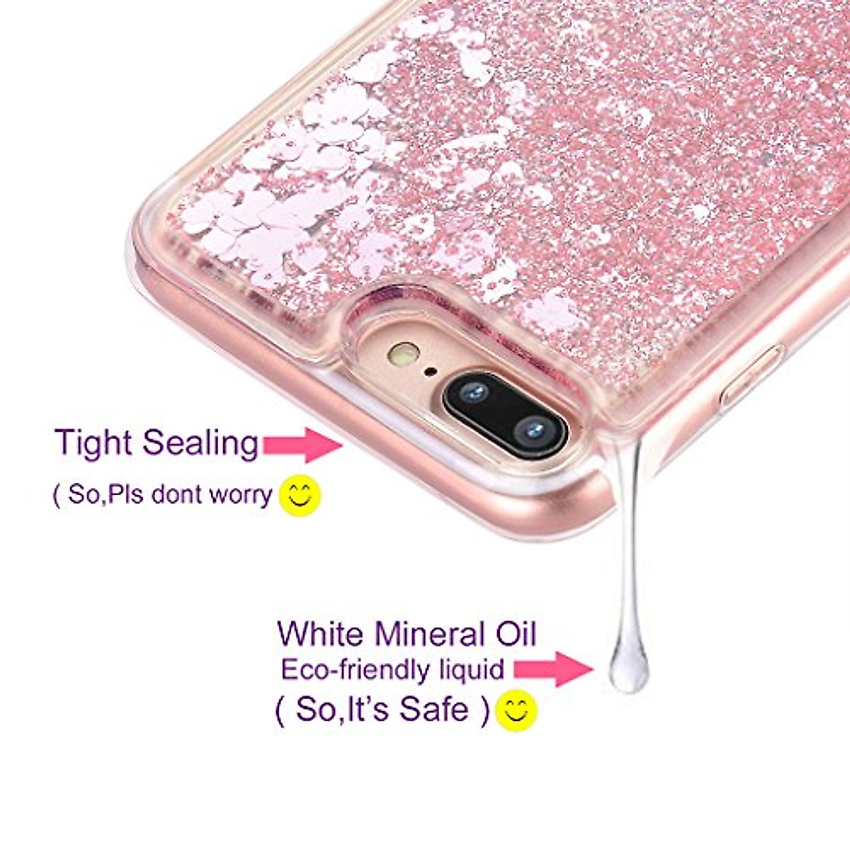iPhone 7 Plus Case, iPhone 8 Plus Case, WORLDMOM Double Layer Design Bling Flowing Liquid Floating Sparkle Colorful Glitter Waterfall TPU Protective Phone Case for Apple iPhone 7 Plus,Rose Gold