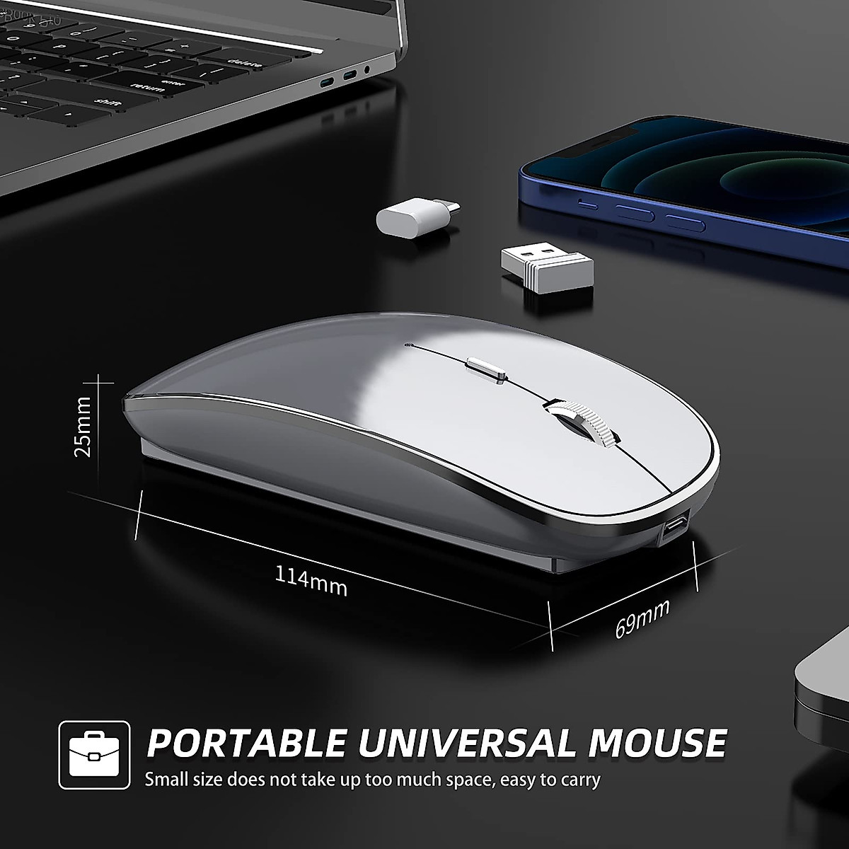 Halpilt Wireless Mouse Chargeable Portable Silent Wireless Mouse USB and Type-C Dual Mode Wireless Mouse 3 Adjustable DPI for Laptop, Mac, MacBook, Android, PC (Q23S Black) (Grey)