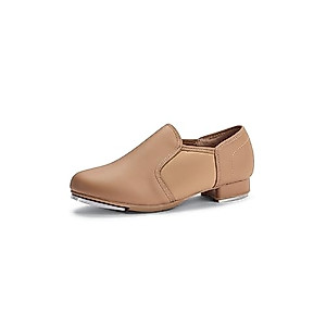 Balera Girls Tap Shoes Slip On Shoe with Leather and Stretch Inset Rubber Sole with Taps Caramel