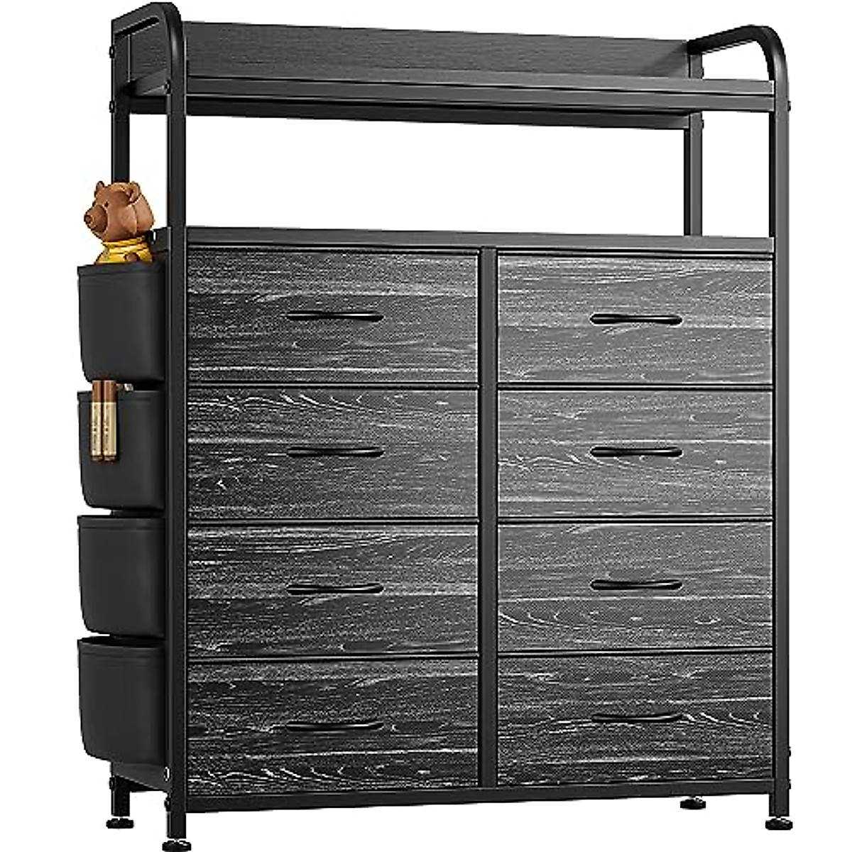 Lulive 8 Drawer Dresser with Shelves, Chest of Drawers for Bedroom with Side Pockets and Hooks Fabric Storage Tower Organizer for Nursery Hallway, Closet, Wood Top (Charcoal Black), (Dressers-HI1349)