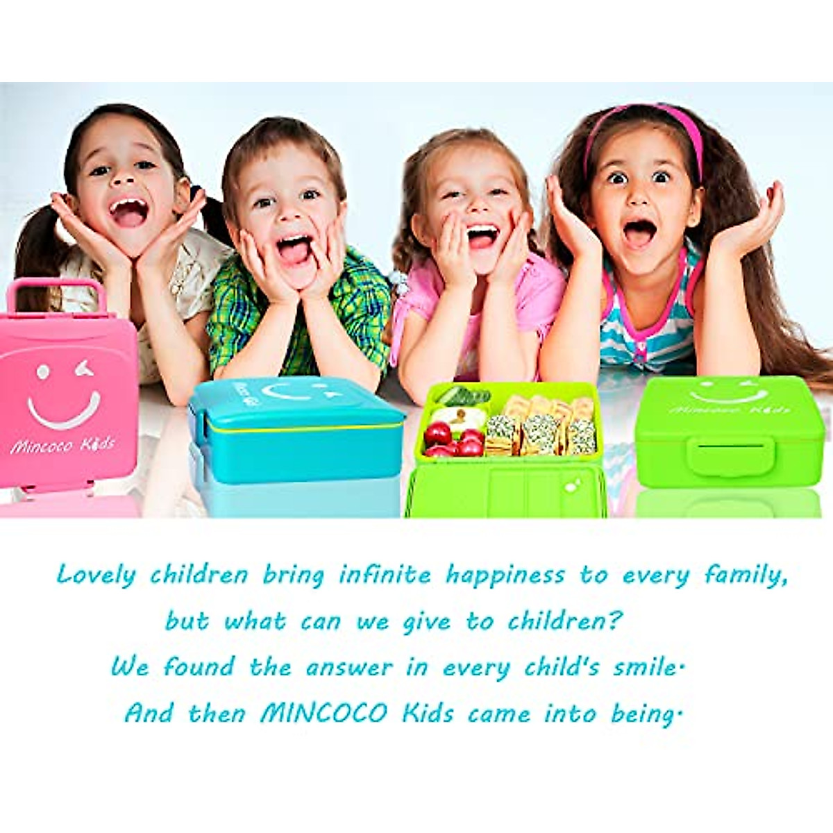 MINCOCO Kids Bento Lunch Box - Lunch Container with Sauce Jar, Spoon&Fork 4-Compartment, On-the-Go Meal and Snack Packing - Leak Proof, Durable, Microwave Safe (Sky Blue)