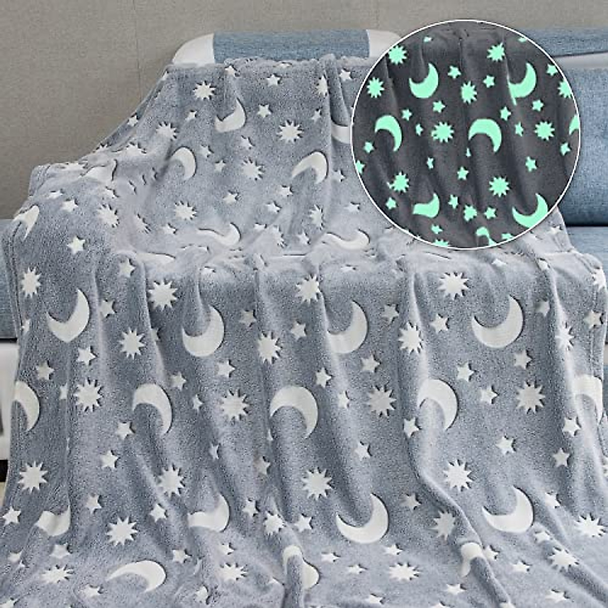 QH Seamless Star & Moon Gray Glow in The Dark Throw Blanket Luminous Blanket-Fun, Cozy Fleece Throw Blanket Made for Great Gifts 60in x 50in