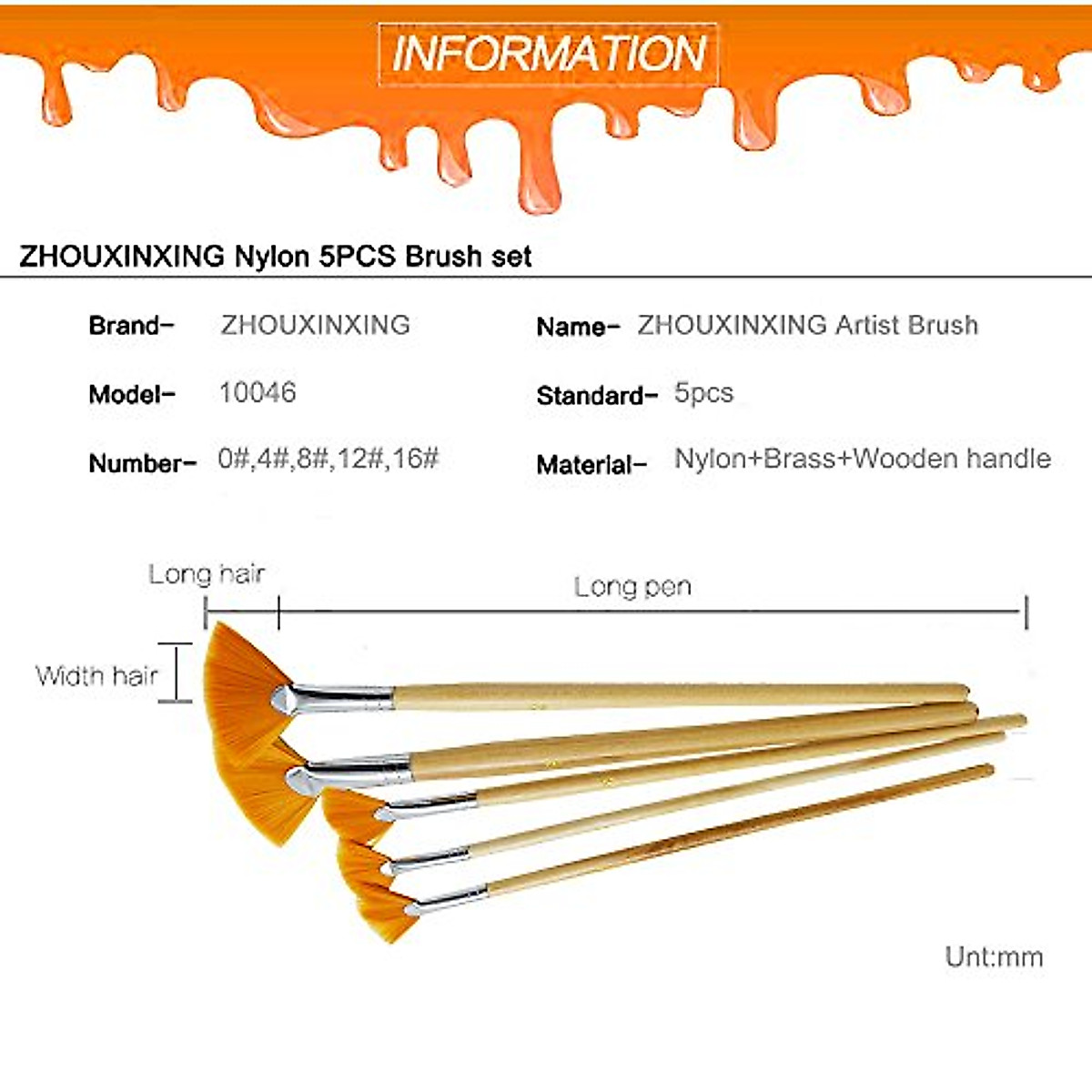 JOWOART 5Pcs/Set,Fan-Shaped Nylon Hair Short Wood Rod Brush Painting Drawing Supplies