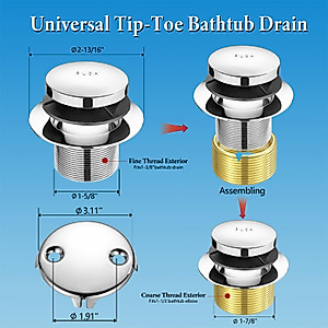Tip Toe Bathtub Drain Conversion Kit Assembly, Tub Drain Plug Trim Set Bath Tub Drain Stopper with Two-Hole Overflow Faceplate (Chrome Plated)