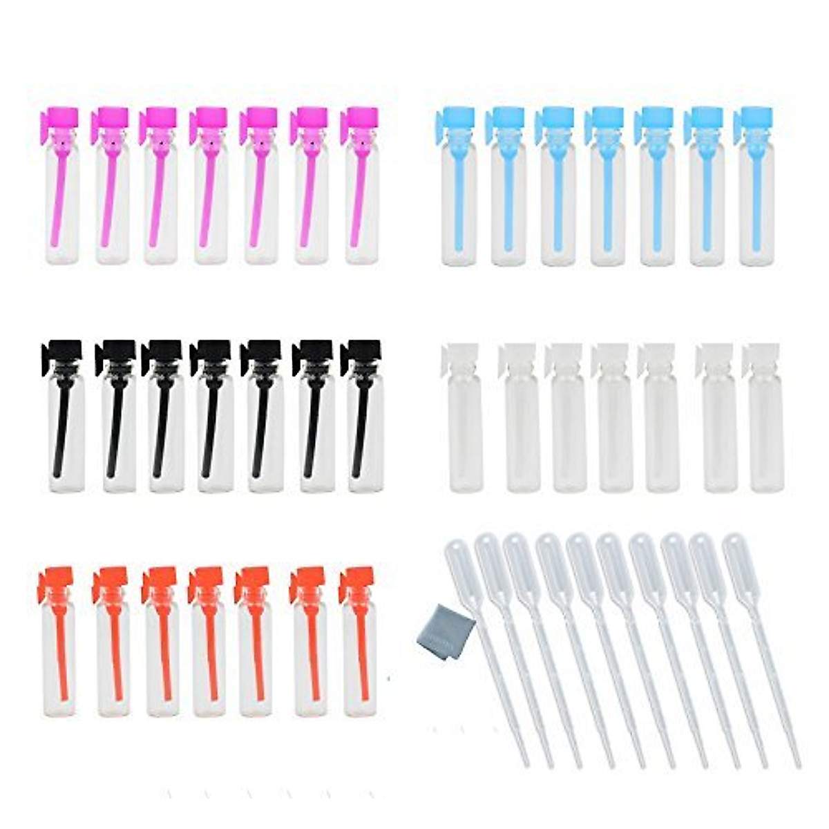 Elfensatll- 100PCS 1ml 1/4 Dram Empty Glass Perfume/Cologne Sample Vials with 0.5ml 10pcs Droppers Samplers for Essential Oils Aromatherapy Colorful caps with Clean Cloth