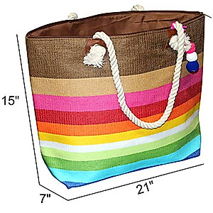 PIER 17 Women's Beach Bags | Extra Large Striped Straw Shoulder Tote with Rope Handle Zipper Closure Inner Pockets