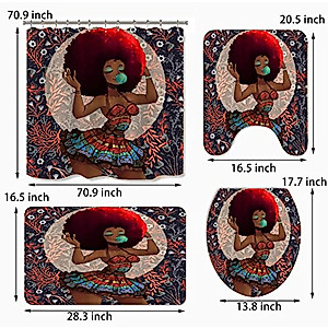 4 Pcs Durable Fabric African American Bathroom Shower Curtain Set,Bathroom Sets with Black Girl Shower Curtain and Rugs，with Toilet Lid Cover and Bath Mat