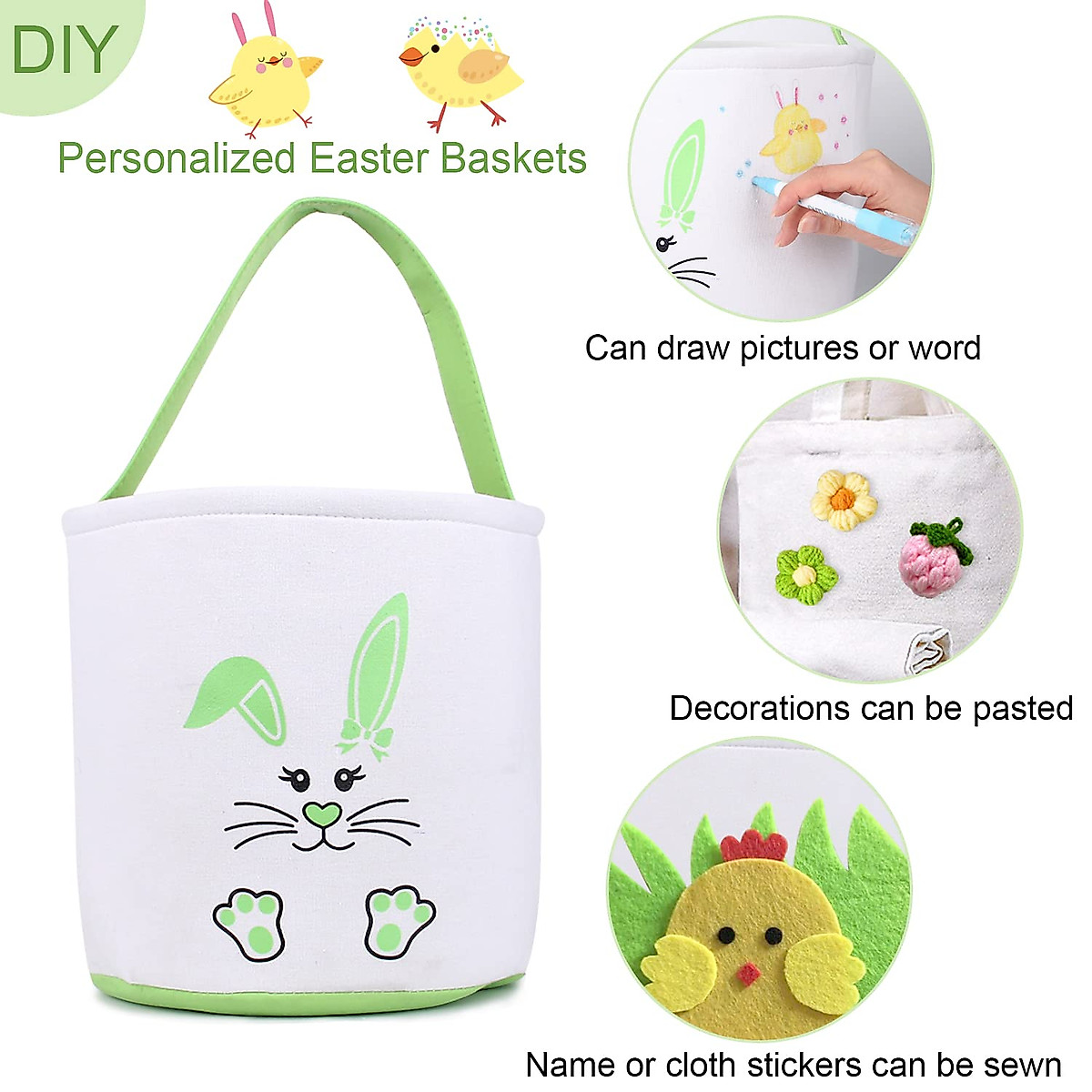 3Pcs Easter Basket for Kids Easter Bunny Canvas Candy Basket Bulk, DIY Personalized Easter Large Buckets Tote Bags Egg Hunt Gifts Basket Easter Party Favors Decorations with 2Pcs Double Line Pens
