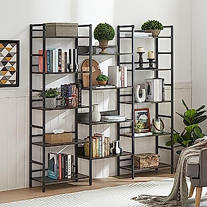 Bookcases and Bookshelves Triple Wide 5 Tiers Industrial Bookshelf, Large Open Bookshelves Display Shelves with Metal Frame for Living Room Bedroom Home Office, Dark Gray