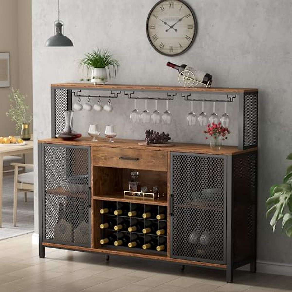 Gyfimoie Wine Bar Cabinet with Drawer and LED Lights, 55 Inches Industry Coffee Bar Cabinet with Wine Rack and Glass Goblet Holder, Kitchen Sideboard Buffet Cabinet for Liquor and Goblet