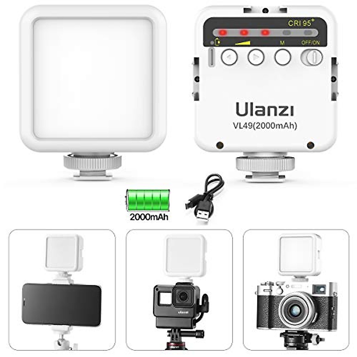 ULANZI VL49 2000mAh LED Video Light w 3 Cold Shoe, Rechargeable Soft Light Panel for DJI OSMO Mobile 3 Pocket Zhiyun Smooth 4 Sony RX100 VII Canon G7X Mark III A6400 6600 Camera GoPro 10 9 8 Vlogging