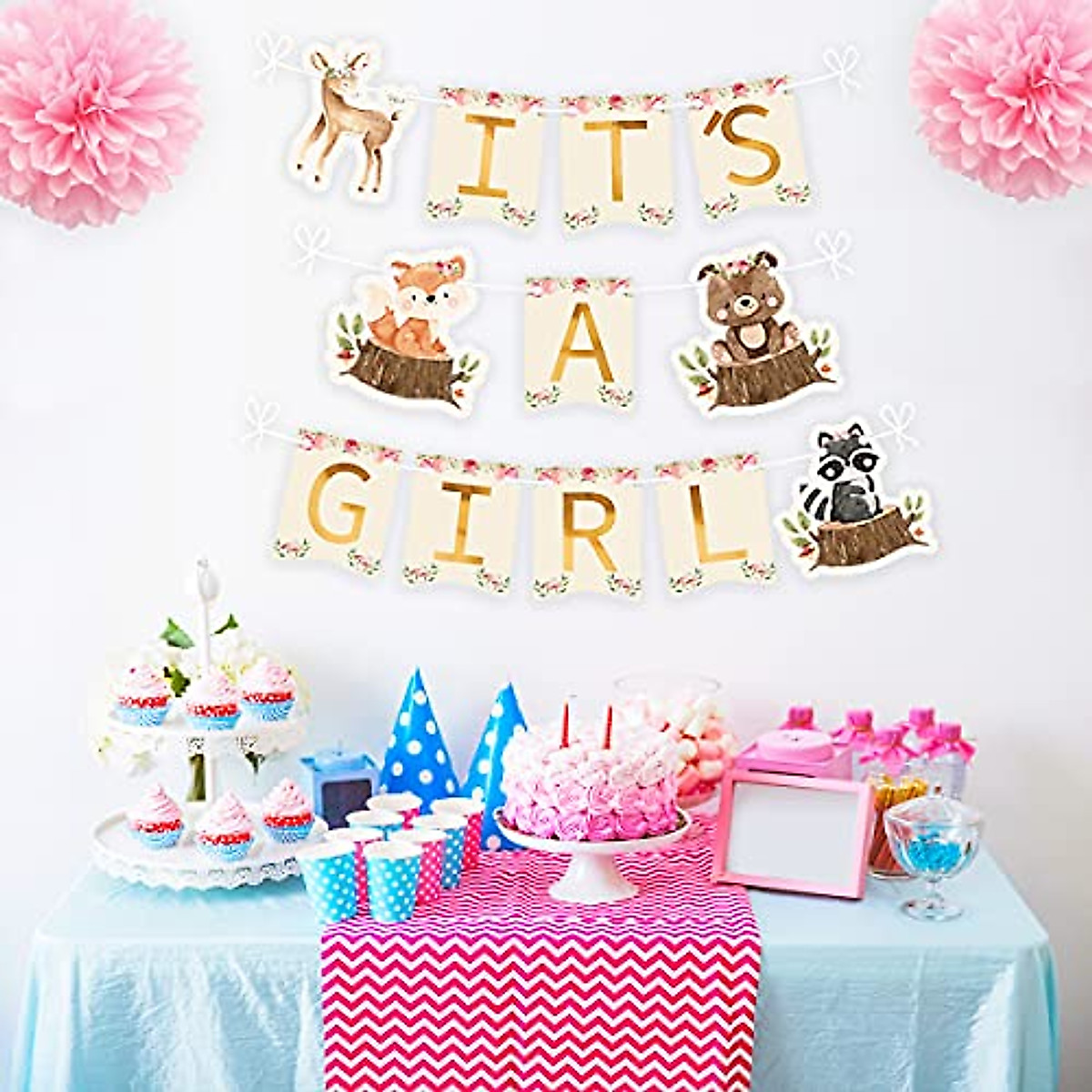 Woodland Animal Creatures ITS A GIRL Banner for Baby Shower Decoration Deer, Fox, Raccoon and Bear / Wild One, Boho Themed Party Supplies
