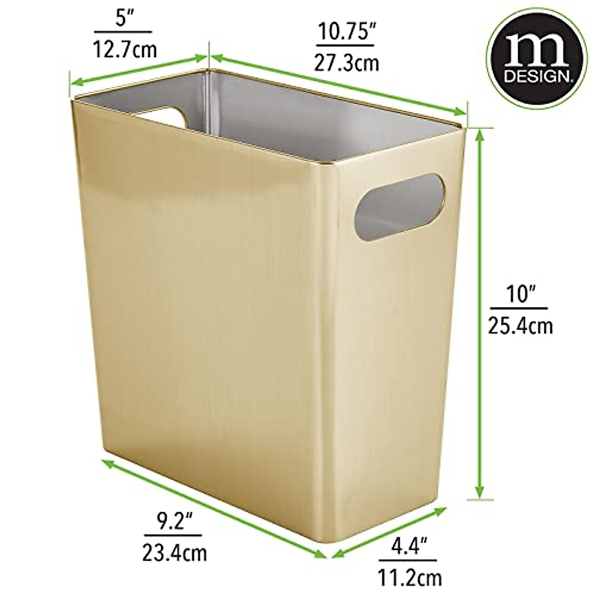 mDesign Stainless Steel Metal Rectangle Trash Can with Handles, 2.1 Gallon Wastebasket, Garbage Bin for Bathroom, Bedroom, Kitchen, or Home Office, Holds Waste/Recycles, Mirri Collection, Soft Brass
