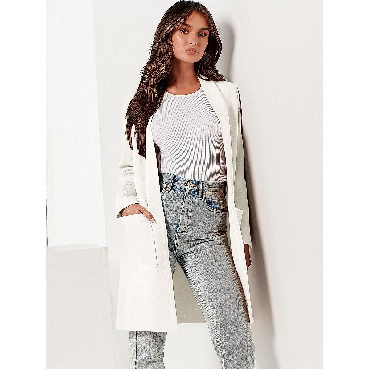 ANRABESS Cardigan Sweater for Women Casual 2024 Fall Fashion Coat Long Sleeve Open Front Knit Coatigan Outwear Off White Large