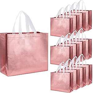 12 Pcs Rose Gold Gift Bags,Glossy Reusable Grocery Bag,Shiny Non-Woven Gift Bags,Shopping Tote Bag with Handle,Present Bag Candy Goodie bags for Wedding Bridesmaid Bachelorette Party Birthday Holiday