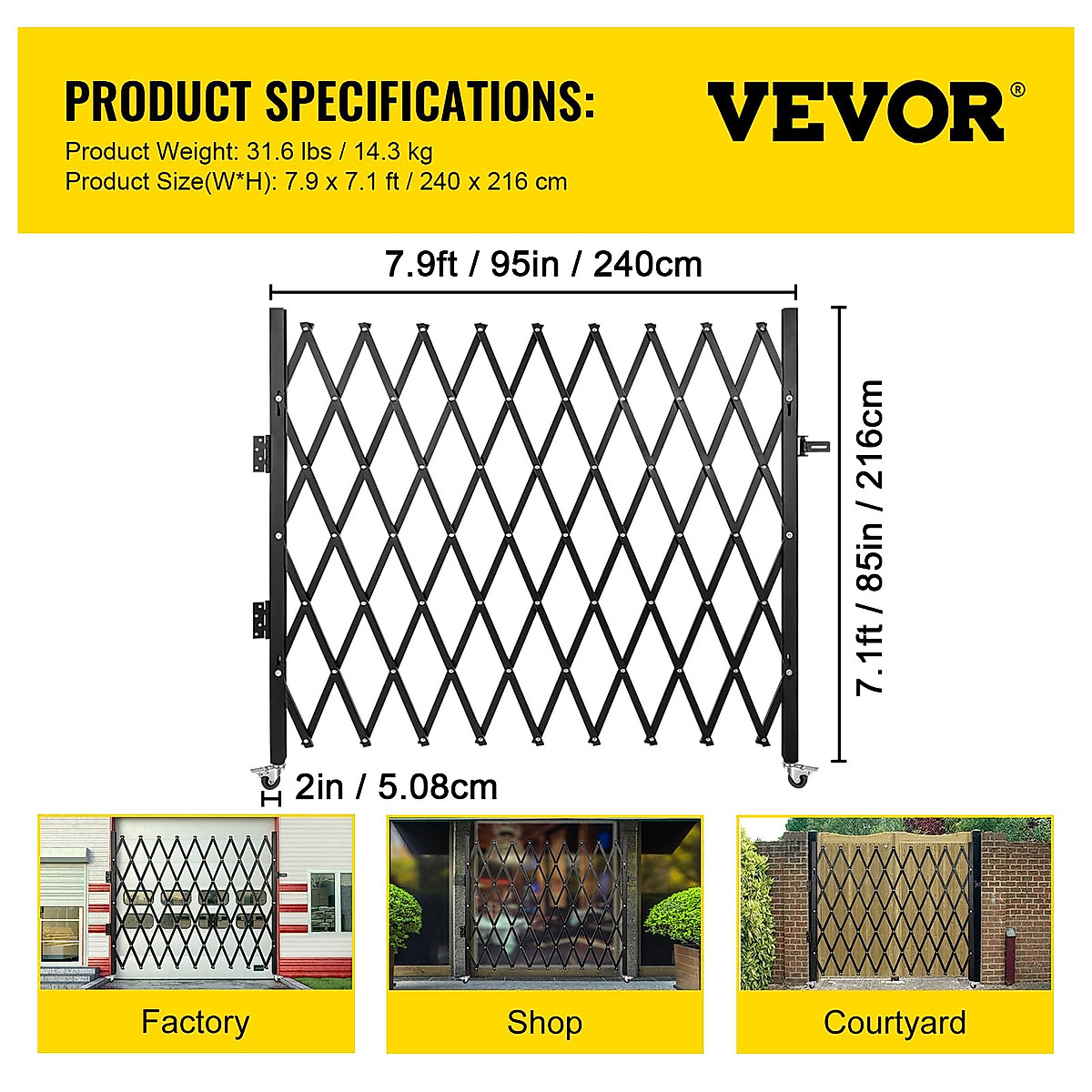 VEVOR Single Folding Security Gate, 87" H x 94" W Folding Door Gate, Steel Accordion Security Gate, Flexible Expanding Security Gate, 360° Rolling Barricade Gate, Scissor Gate/Door with Padlock