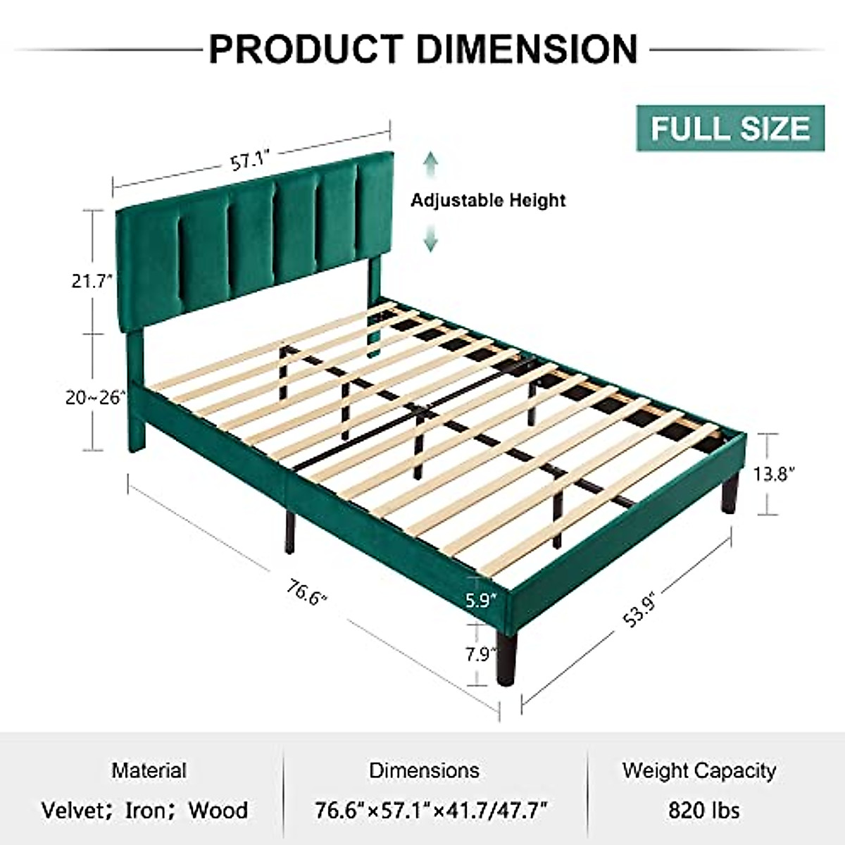 VECELO Full Bed Frames, Upholstered Platform Bedframe, Adjustable Headboard, Wood Slat Support, No Box Spring Needed, Easy Assembly, Dark Green