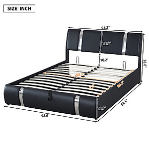 EMKK Lift Up Storage Platform Bed Frame Upholstered Queen Size beds with Upholstered Faux Leather Headboard Wooden Slat Support and Hydraulic Under Bed Storage