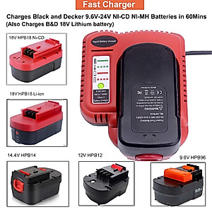 BDFC240 9.6V-24V Battery Charger for Black & Decker 18V 14.4V 12V 9.6V 24V Firestorm Battery NiCad & NiMh HPB18-OPE HPB18 HPB14 HPB12 HPB96 HPB24 244760-00 A1718 FS180BX FS18C FS18FL FSB18