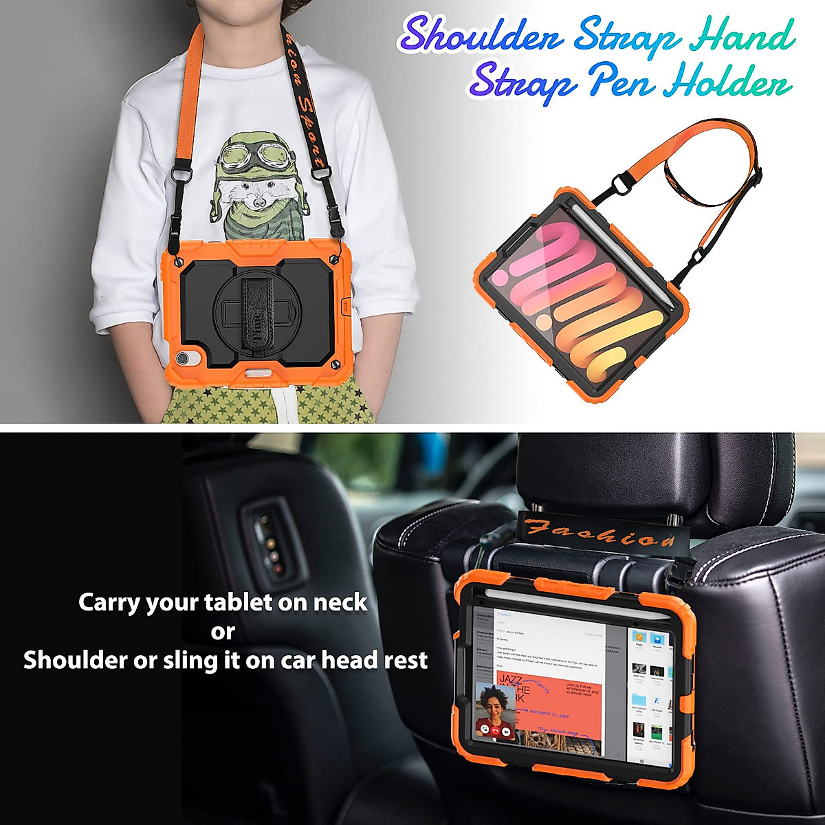 timecity Case for iPad Mini 7th/6th Generation 2024/2021 8.3 inch, Full-body Protective Case for iPad Mini 7/ Mini 6 with Screen Protector Pencil Holder Swivel Stand Hand/Shoulder Strap Case- Orange