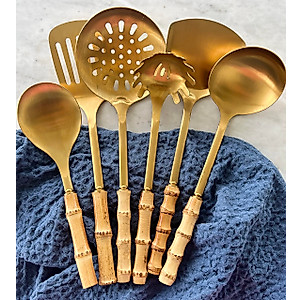 Bamboo Stainless Steel Cooking Tools Utensils Stainless - Brass/Gold Cooking and Serving Utensils - Gold Kitchen Utensils - Bamboo Wood Handled Gold Kitchen Utensils For Gold Kitchen
