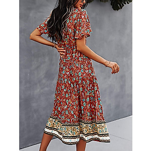 TEMOFON Summer Dresses for Women 2024 Boho Sun Maxi Beach Sundresses Summer Floral Short Sleeve V Neck Bohemain Flowy Loose Casual Cute Spring Trendy Vacation Dress Red
