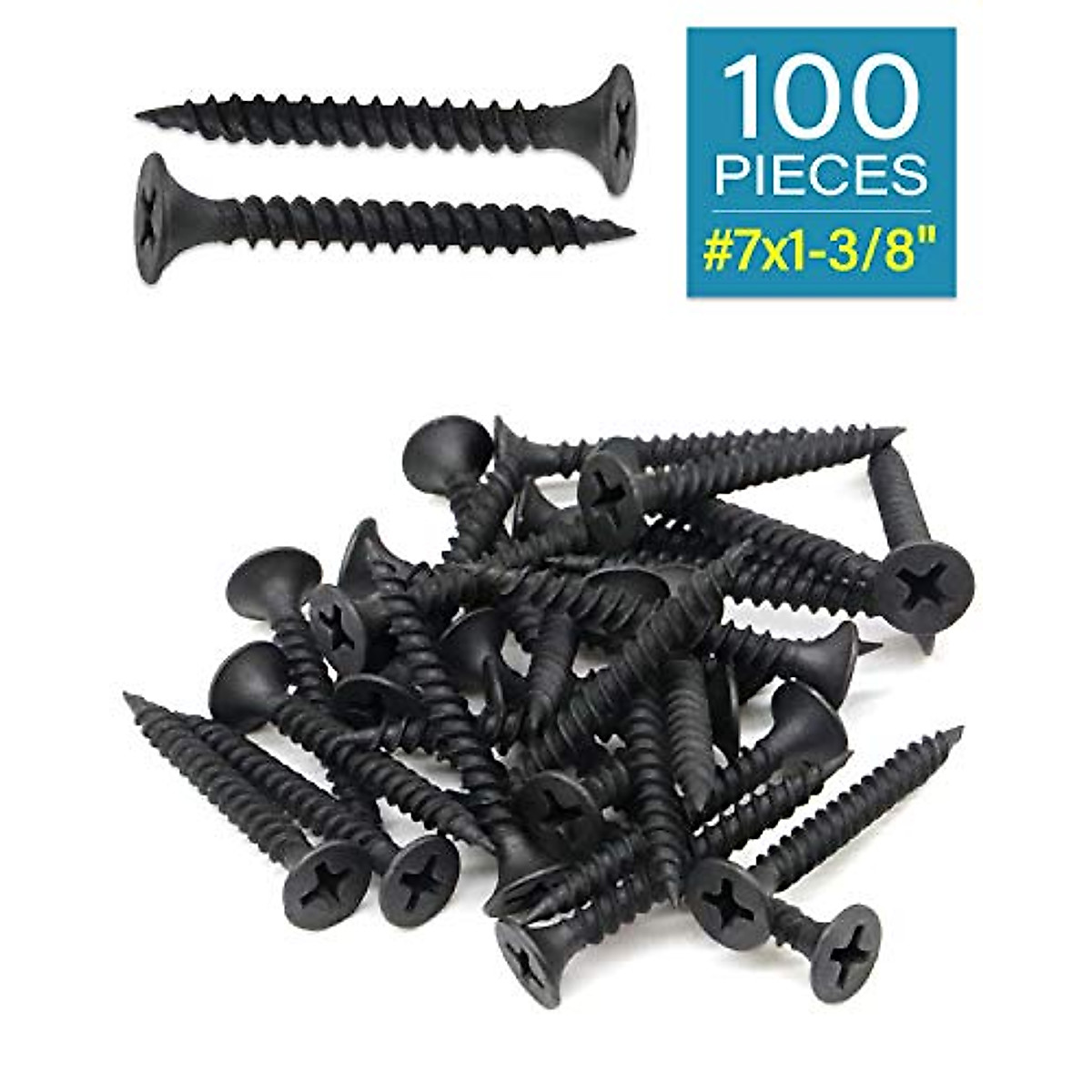 IMSCREWS Drywall Screws, #7 x 1-3/8 Inch Phillips Flat Wood Screws 200pcs, Fine Thread Black Phosphate, Self-Tapping Carbon Steel Interior Screws for Timber MDF Sheetrock