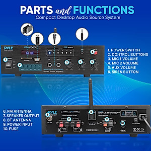 Pyle Wireless Bluetooth Karaoke Amplifier - Home Car Bus Tours 300 Watts 2 Channel Digital Home Audio PA Receiver System 2 Microphone Input Control, FM Radio, USB,12 Volt Power Option - PFA600BU