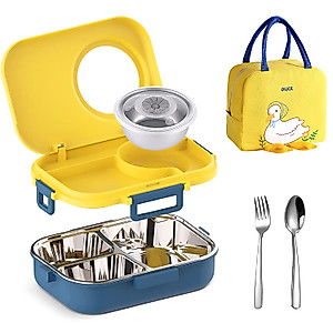 AVSAMOQ Steel Bento Lunch Box for Adults & Kids,1100 ML Stainless Steel Bento Boxes with Spoon Fork Knife,Insulated Lunch Bag, Microwave, Dishwasher Safe (Yellow duck)