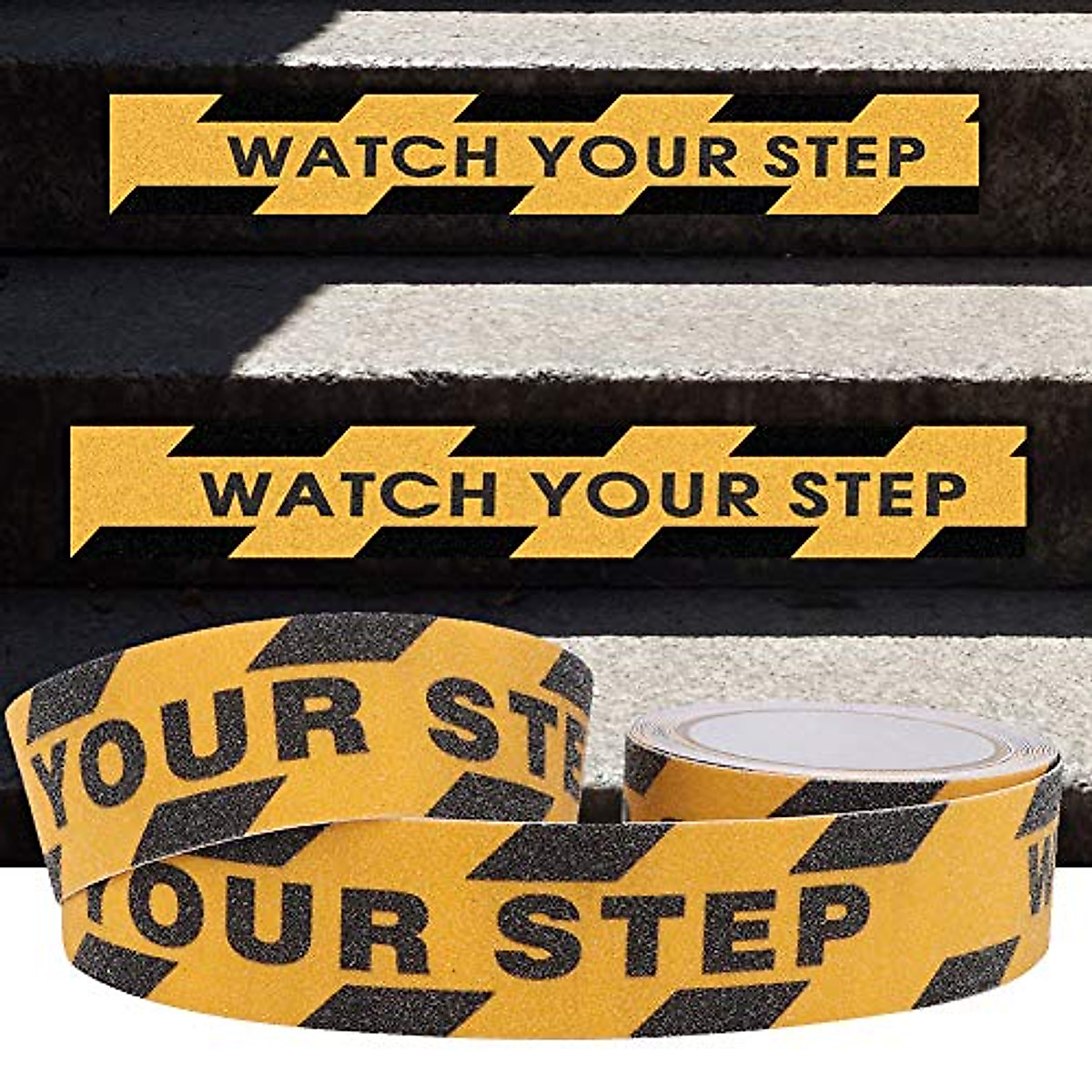 Watch Your Step Floor Signs, Heavy Duty Anti-Slip Safety Roll Grip Strip Non-Slip Traction Step Tape, 2 X 16.4' Anti Slip Tape Stickers, Abrasive Adhesive for Stairs, Safety, Tread Step, Indoor
