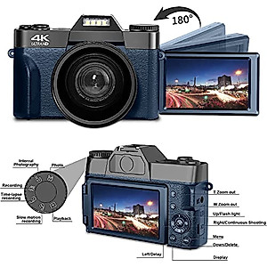 Acuvar 4K 48MP Digital Camera for Photography, Vlogging Camera for YouTube with 3.0’’ 180° Flip Screen, WiFi, 16X Digital Zoom, Wide Angle & Macro Lens, Rechargeable Battery, 64GB Micro SD Card