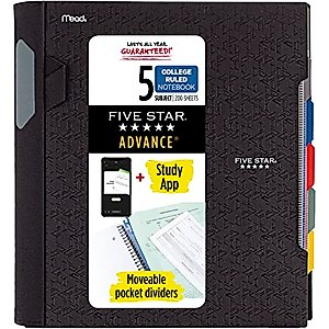 Five Star Spiral Notebook + Study App, 5 Subject, College Ruled Paper, Advance Notebook with Spiral Guard, Movable Tabbed Dividers and Expanding Pockets, 8-1/2" x 11", 200 Sheets, Black (73144)