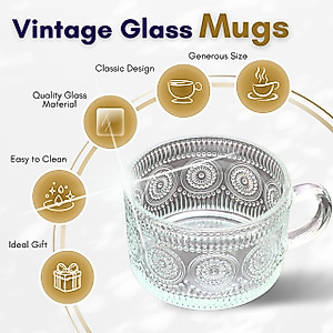 Scoozee Vintage Glass Coffee Mugs (4Pcs, 14oz), Overnight Oats Containers with Lids and Spoons, Clear Embossed Glass Cups | Coffee Bar Accessories, Gifts for Women, White Elephant Gifts