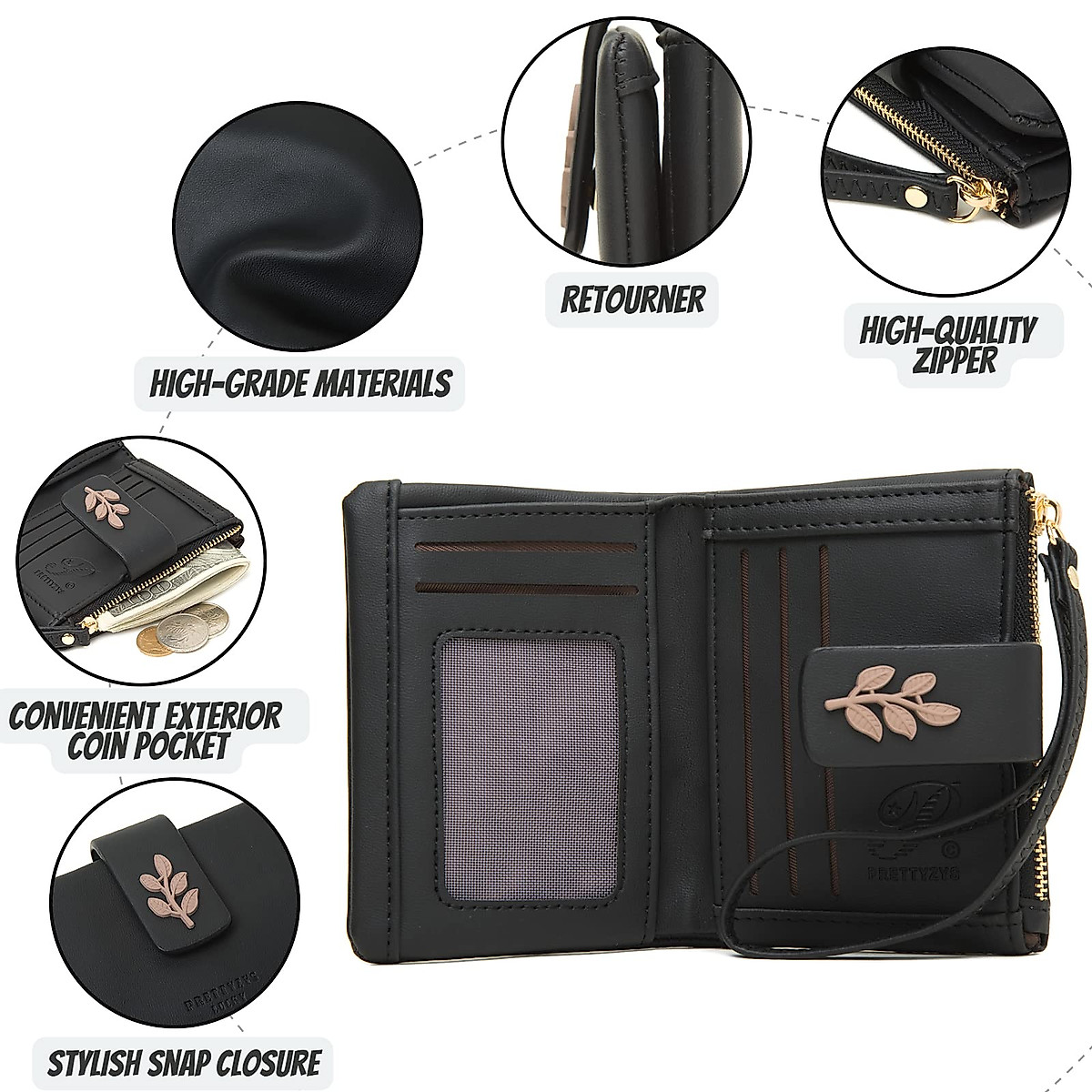 PRETTYZYS Small Bifold Wristlet Wallet for Women – Handmade, RFID Blocking Wallet Case with Credit Card Sleeves, Cash & Coin Storage Compartments – Mini Purse for Ladies, Teenage Girls - Black