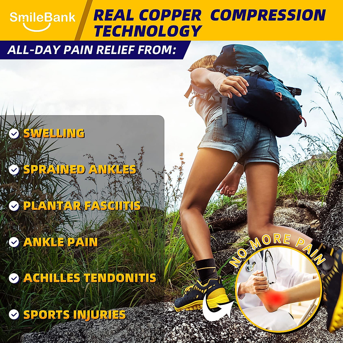 Copper Ankle Brace for Women Men Plantar Fasciitis Relief - Ankle Support Brace Ankle Compression Sleeve Socks Foot Brace Ankle Wrap for Sprained, Achilles Tendon, Pain Relief, Injured Foot, Sports