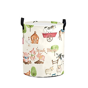 NZOOHY Watercolor Farm Animals Personalized Custom Laundry Basket Clothes Round Storage Handle Waterproof, Custom Foldable Large Capacity and Lightweight, For Bedroom Bathroom Decoration