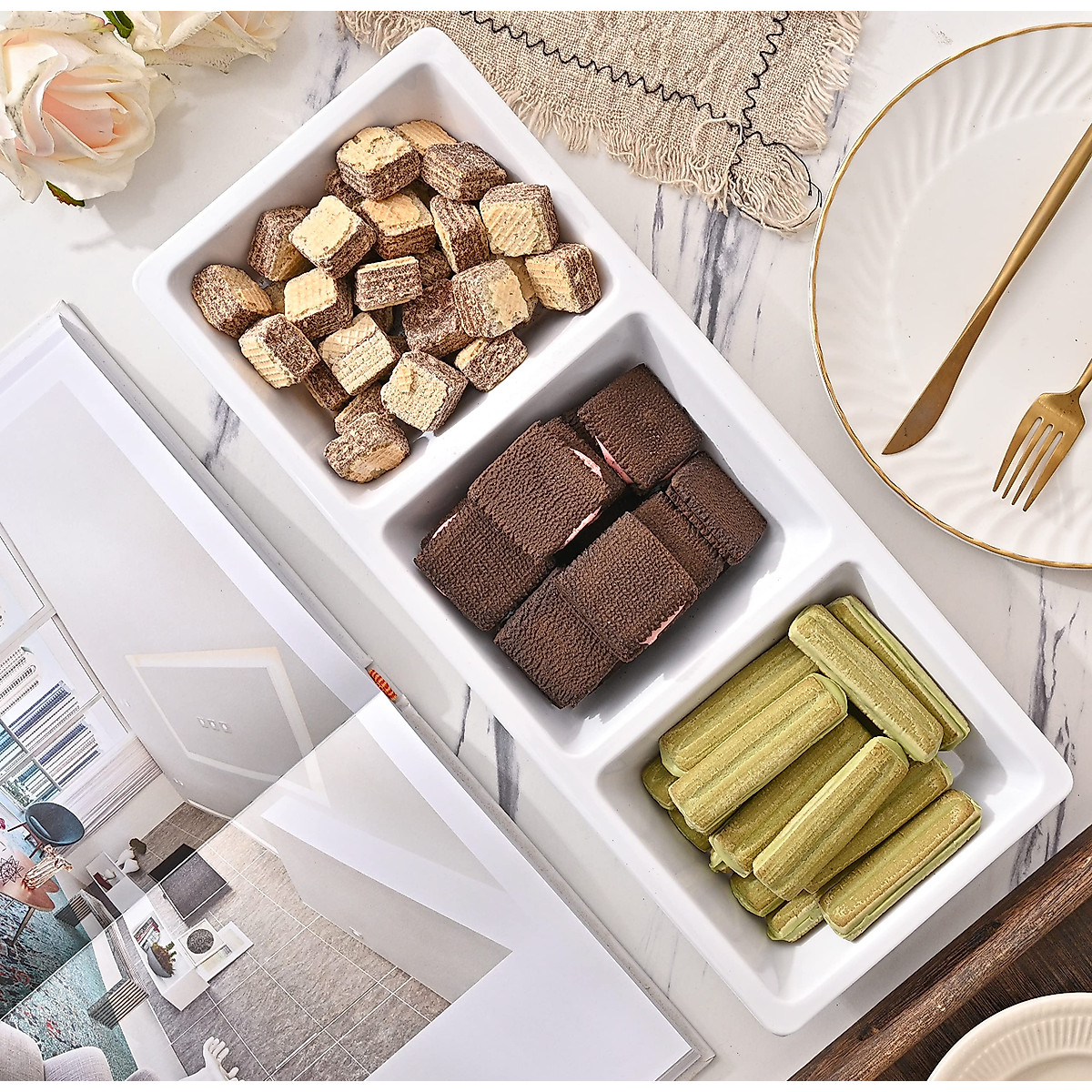 Blue Boat 15" x 6" Melamine Rectangular 3 Compartment Serving Platter Set of 3