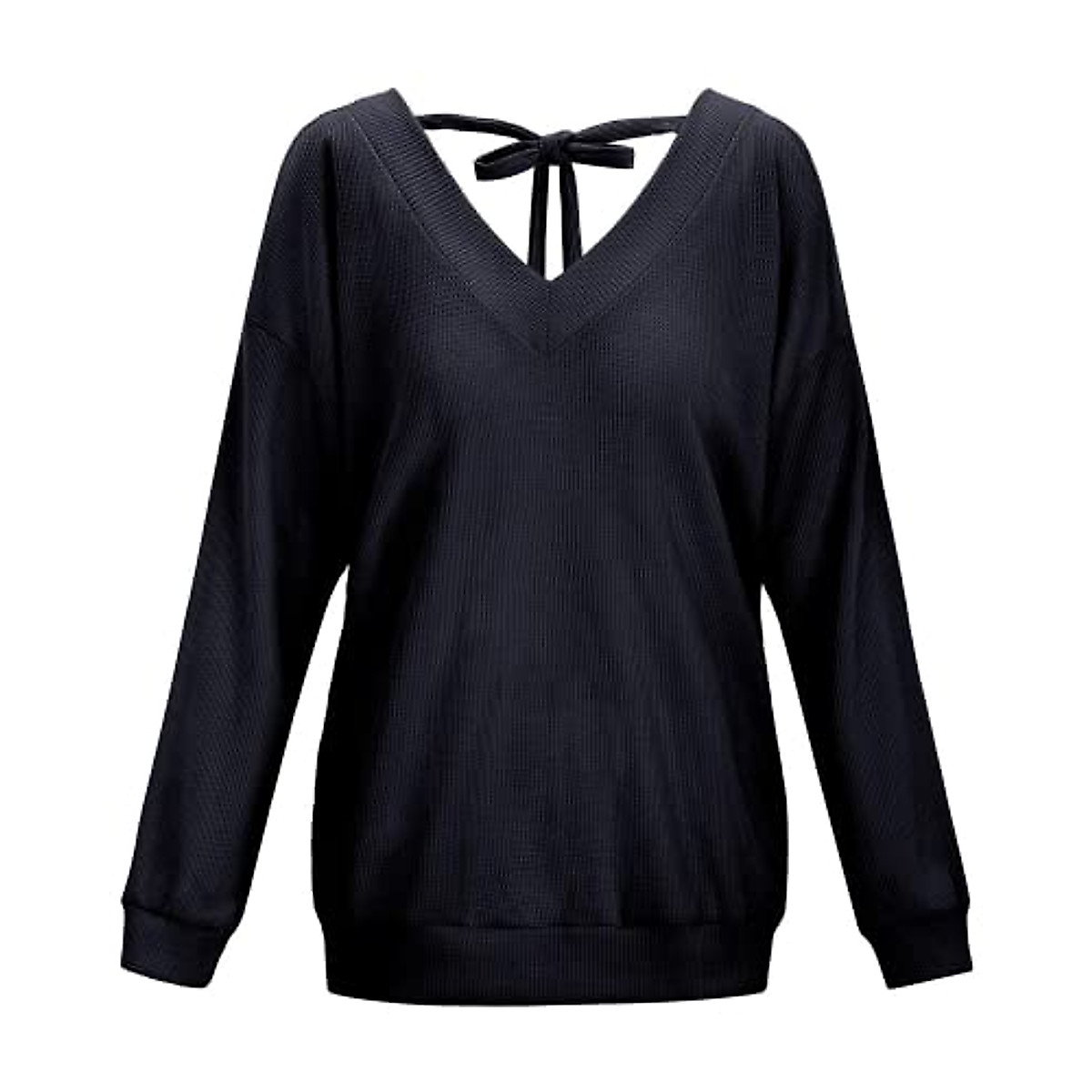 OUGES Womens Tie Back Knit Tops V Neck Long Sleeve Casual Sweater Pullover（Navy,M）